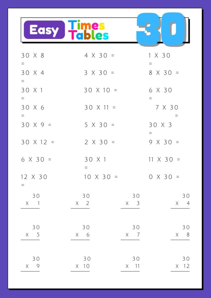 30 Times table - Multiplication table of 30 for children